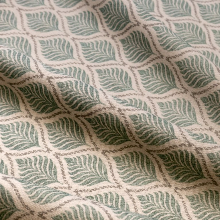 Tela Lino Hoja Block Print Aqua – Telas La Tonelada